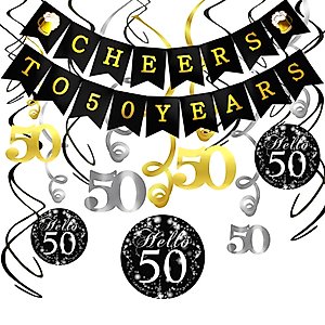 Konsait 50th Birthday Decorations Kit Cheers to 50 Years Banner Swallowtail Bunting Garland Sparkling Celebration 50 Hanging Swirls,Perfect 50 Years Old Party Supplies 50th Anniversary Decorations