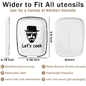 Hvukeke Ceramic Spoon Rest for Kitchen Stove Top Counter, Funny Let's Cook White Spoon Holders for Chef, Modern Farmhouse Kitchen Cute Decor