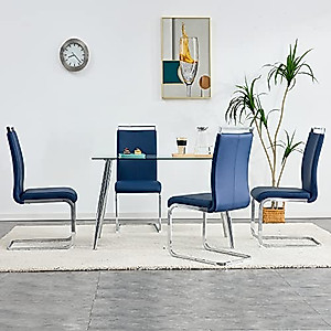 AZmac Modern Leather Dining Chairs Set of 4,Armless Kitchen Chairs,Dining Room Chairs with Upholstered Padded Seat and Sturdy Chrome Legs for Dining Room,Kitchen (Set of 4, Blue+PU Leather)