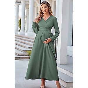 OUGES Fall Maternity Maxi Dresses Long Sleeve Wrap V Neck Baby Shower Dress Maternity Clothes 2025(Gray Green,M)