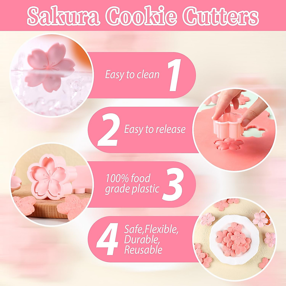 KALAIEN 6PCS Cherry Blossom Cookie Cutters Mold Sakura Cookie Stamps for Biscuit Pastry Accessories