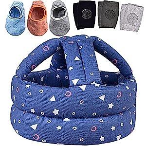 Baby Safety Helmet, Infant Baby Head Protector with 3 Pairs Baby Knee Pads for Crawling & 3 Pairs Baby Socks, Head Cushion Bumper Bonnet, Soft Headguard for Toddler Learning to Walk, Geometric Blue