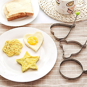 GZMAISULEE Egg Ring Molds for Cooking 5 Pack Griddle Egg Rings Stainless Steel Egg Cooking Rings Heart, Flower, Star, Micha, Round Pancake Mold Set, Yellow