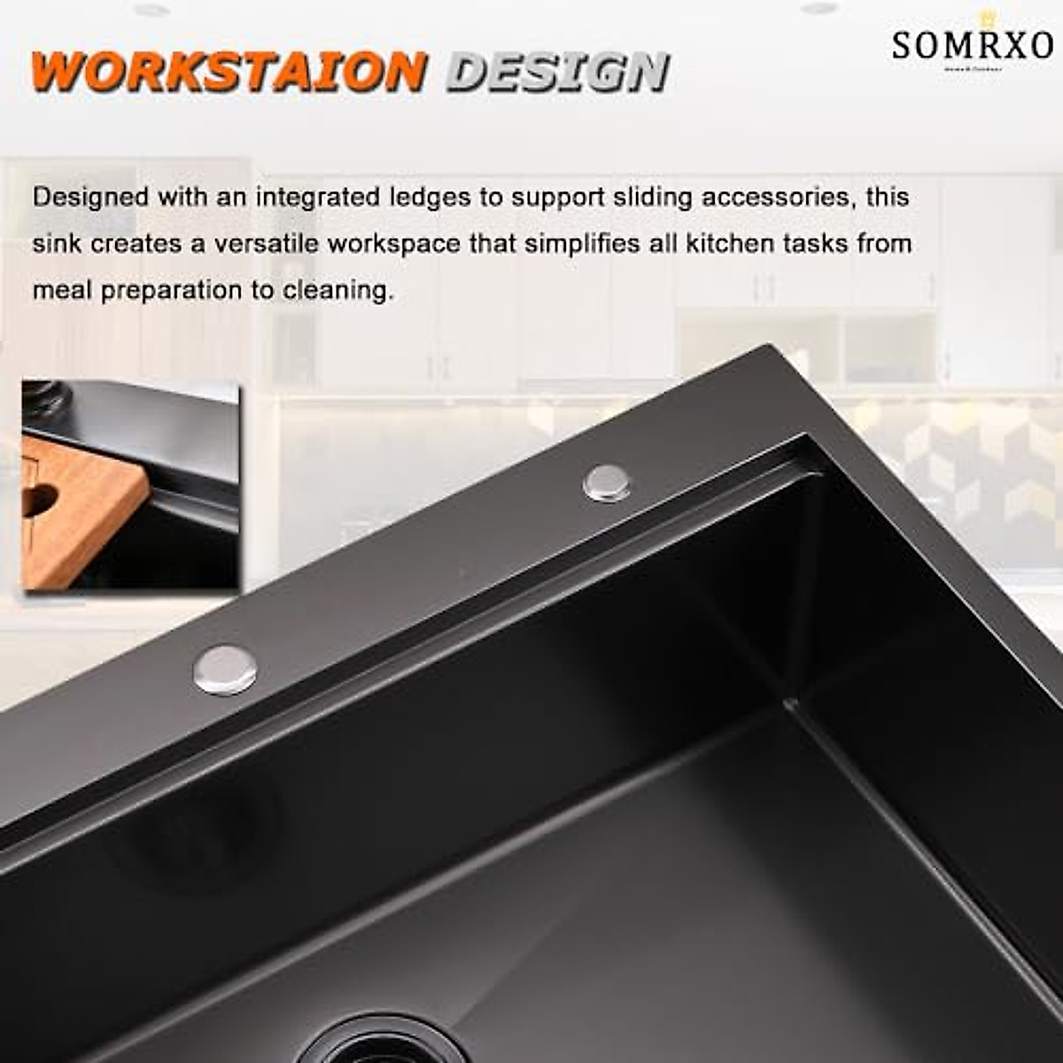 SOMRXO 33 Inch Drop In Kitchen Sink Black Stainless Steel Workstation 33x22 Kitchen Sink Drop In Workstation Sink Topmount 16 Gauge Gunmetal Black Stainless Steel Sink 10"Deep Single Bowl Kitchen Sink