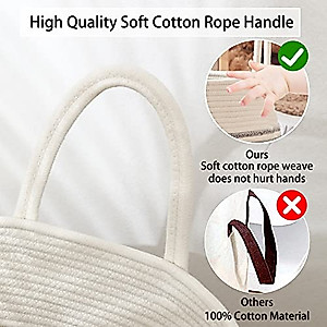 OIAHOMY Laundry Hamper Woven Cotton Rope Large Clothes Hamper 25.6" Height Modern Curve Basket with Extended Cotton Handles for Storage Clothes Toys in Bedroom, Bathroom, Foldable (White & light grey)