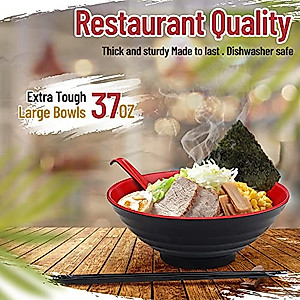 Eaasty 8 Set Ramen Bowl Japanese Style Ramen Bowls Melamine Noodles Bowl Asian Chinese Large Soup Bowls with Spoons and Chopsticks for Pho Udon Soba Asian Dishes Ramen Noodles, Black and Red