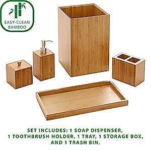 Seville Classics Bamboo Wood Bathroom Vanity Organizer Set with Soap Dispenser & Tooth Brush Trash Bin, Cotton Ball & Q-Tip Holder, Towel Tray, 5 Piece