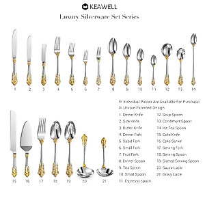 KEAWELL Luxury 45 Pieces 18/10 Stainless Steel Flatware set, Service for 8, silver plated with gold accents, Fine Silverware set and Dishwasher Safe