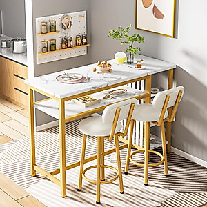 AWQM Bar Table Set of 2 with Storage Shelves, 47" White Faux Marble Dining Set with 2 Upholstered Counter Height Backrest Chairs, 3-Piece Dining Set for 2, Space Saving Table for Home & Kitchen