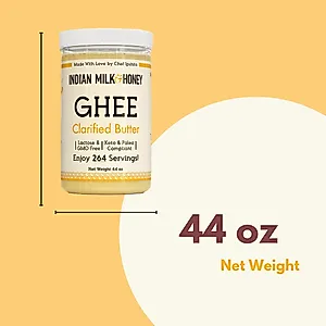 Classic Ghee Butter, Grass-Fed by Indian Milk & Honey, 44 oz with 264 Servings Each | Handmade & Locally Sourced Ghee Clarified Butter | Lactose, Gluten & Casein Free | Ghee in Recyclable PET Jars