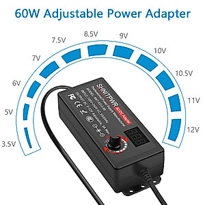 SHNITPWR 60W Universal Power Supply DC 3V 4V 4.5V 5V 6V 7V 7.5V 8V 9V 10V 11V 12V Adjustable Variable Power Adapter 100V-240V AC to DC Converter 1A 2A 2.5A 3A 4A 5A with 14 Tips & Polarity Converter