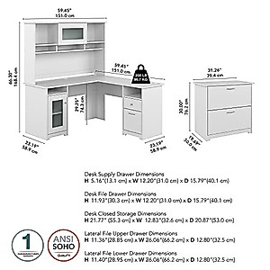 Bush Furniture Cabot 60W L Shaped Computer Desk with Hutch and Lateral File Cabinet, White