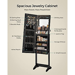 SONGMICS Mirror Jewelry Cabinet Standing Armoire Organizer, Jewelry Storage with Full-Length Frameless LED Lights, Built-in Makeup Mirror, 2 Drawers, Lockable, Black UJJC023B01