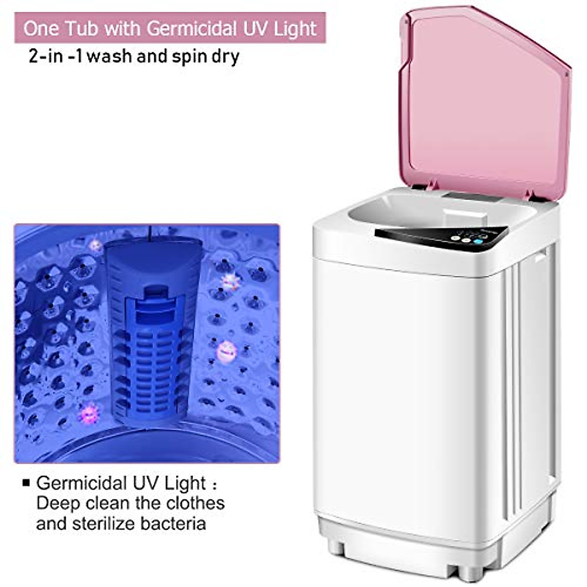 Giantex Full-Automatic Washing Machine Portable Washer and Spin Dryer 7.7 lbs Capacity Compact Laundry Washer with Built-in Barrel Light Drain Pump and Long Hose for Apartments Camping (White & Pink)