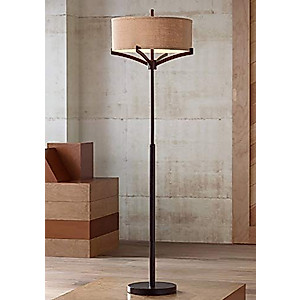 Franklin Iron Works Tremont Modern Mid Century Floor Lamp Standing 62" Tall Deep Bronze Metal Tan Burlap Drum Shade for Living Room Reading Bedroom Office House Home Decor