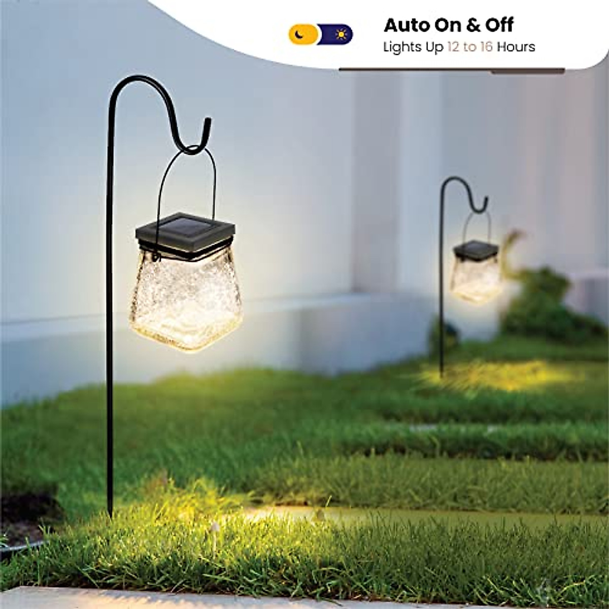 Landia Home 2 Packs Solar Crackle Glass Solar Lanterns Light Hanging Outdoor Waterproof 10 Lumens 3000K Decorative Large Crackle Glass Garden LED Lights, No Wiring for Patio Backyard Garden Holidays