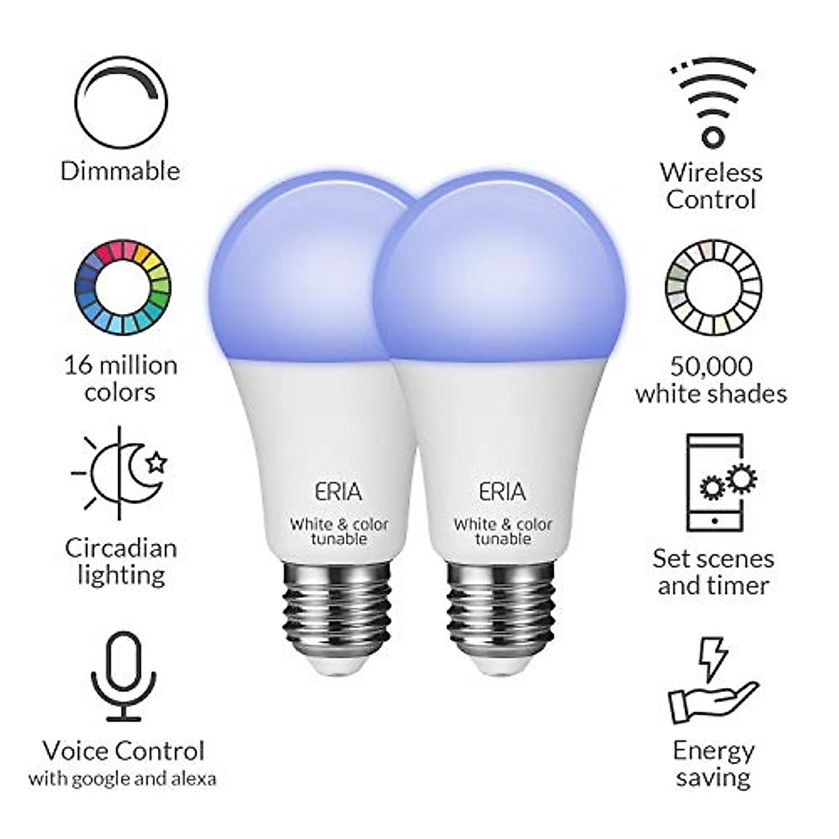 ERIA Zigbee Color A19 Smart Bulb Compatible, Alexa, Google Assistant and ZigBee hubs (2-Pack)