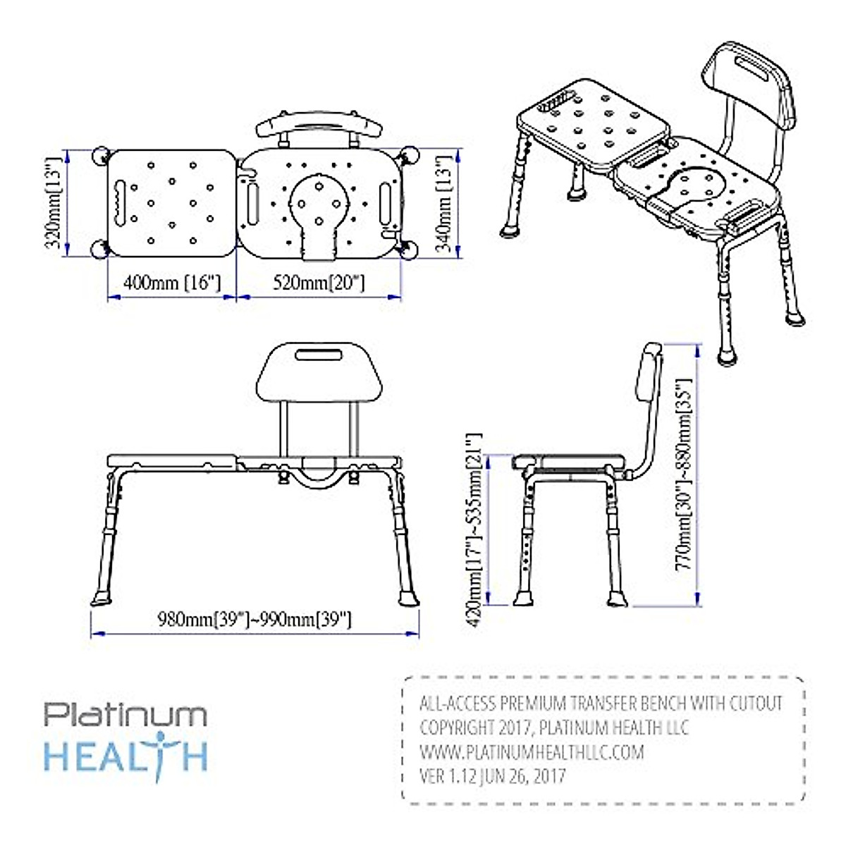 Bath Transfer Bench with Cutout Shower Seat, Deluxe All-Access Chair for Tub and Shower Transfers, Raised Toilet Seat for Seniors and Elderly Bathroom, Adjustable Height, Includes Insert, Blue