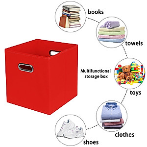 Yunkeeper Fabric storage bins Cubes, Fabric Cube Organizer with Handle, Foldable Cube Bins for Cloth or Accessary Storage, 11x11x11, Set of 3, (Red)