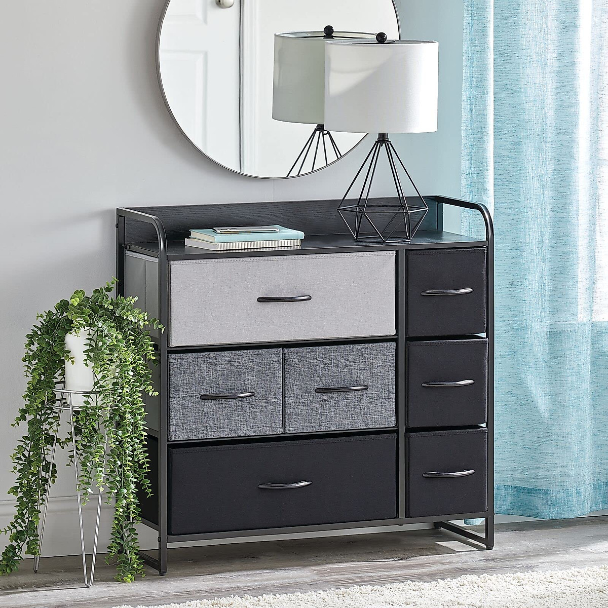 mDesign 30.9" High Steel Frame/Wood Top Storage Dresser Furniture Unit with 7 Removable Fabric Drawers - Large Bureau Organizer for Bedroom, Living Room, Closet - Gray/Multi-Color/Black