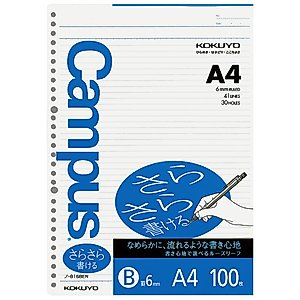 Kokuyo Campus Loose Leaf Paper for Binders, Sarasara Smooth Writing, A4, B 6mm Ruled, 30 Holes, 41 Lines, 100 Sheets, pH Neutral, Bleed Resistant, 75gsm, Japan Import (NO-816BE)