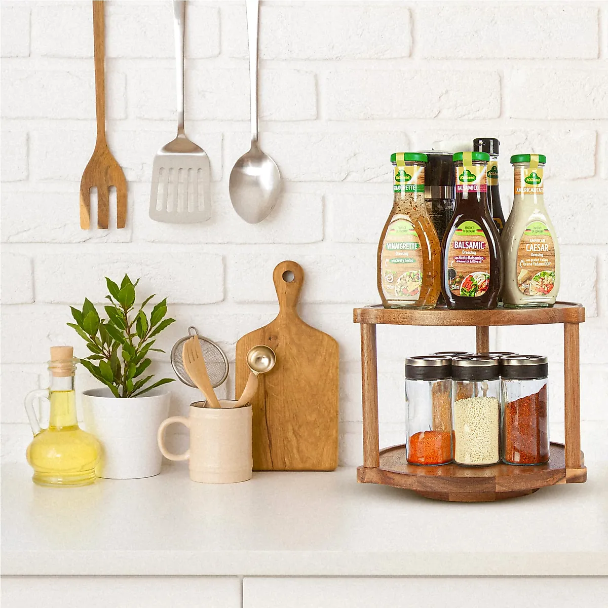 YONNERY Acacia Wood Lazy Susan Spice Rack – 10 Inch 2-Tier Turntable Organizer – Elegant Solution for Kitchen and Bathroom