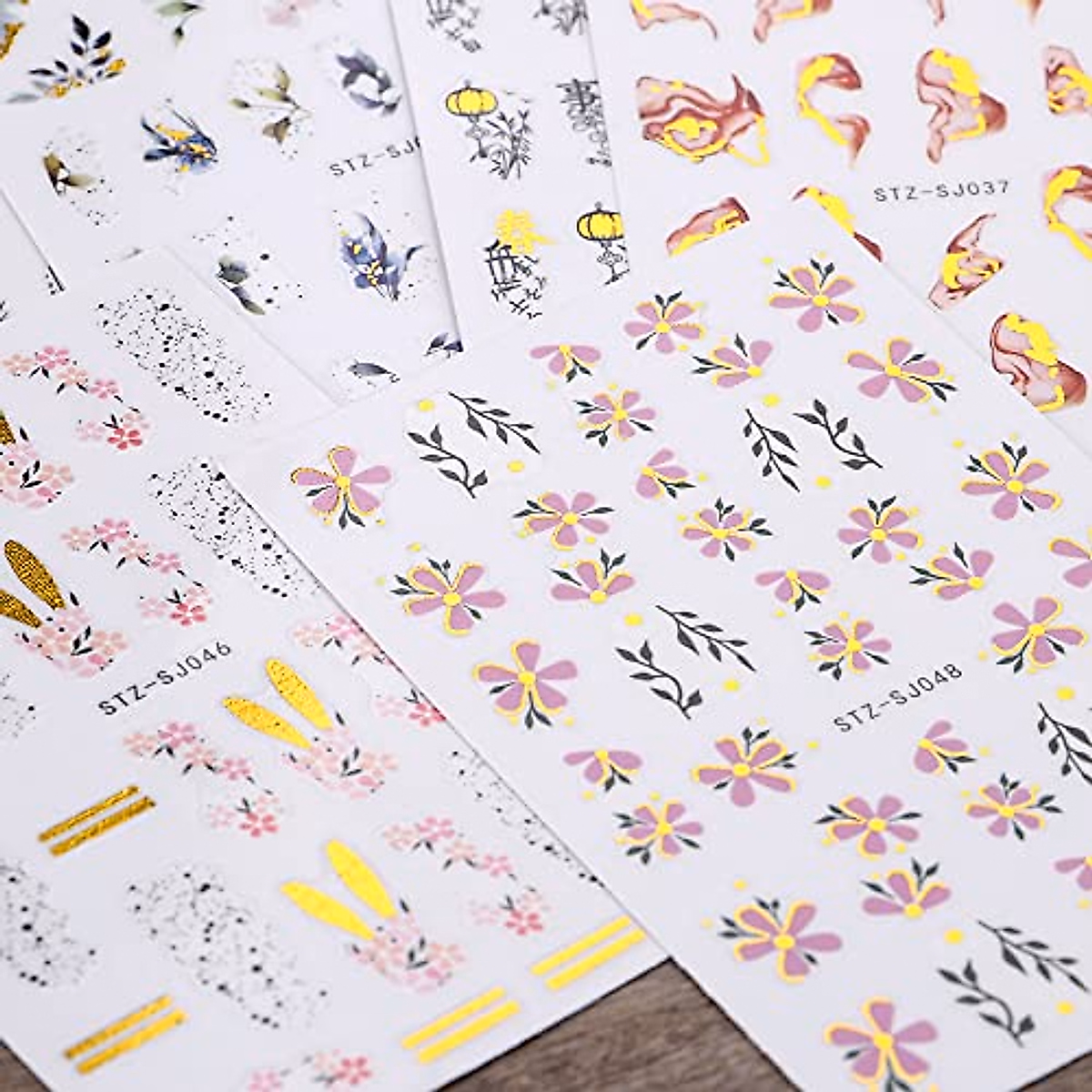 JMEOWIO 12 Sheets Spring Flower Nail Art Stickers Decals Self-Adhesive Pegatinas Uñas Leaves Pink Nail Supplies Nail Art Design Decoration Accessories