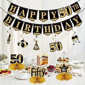 50th Birthday Banner Decorations for Men Women, 10Pcs Happy 50th Birthday Banner Honeycomb Centerpieces Swrils Kit
