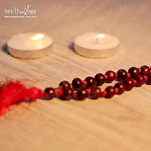 HealthAndYoga™ Rose Wood Mala (108 + 1 Beads with Tassel) & Velvet Bag - Hand Knotted Rosary for Mantra Chanting, Meditation - Invokes Vitality & Courage, Improves Skin Health, Influences Heart Chakra