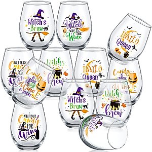 Maxcheck 12 Pcs Halloween Stemless Wine Glasses 15oz Witches Wine Glasses Hallo Queen Drinking Glasses Ice Coffee Beer Beverages Clear Tumbler Cup Halloween Gifts for Women Men Party Event Decorations