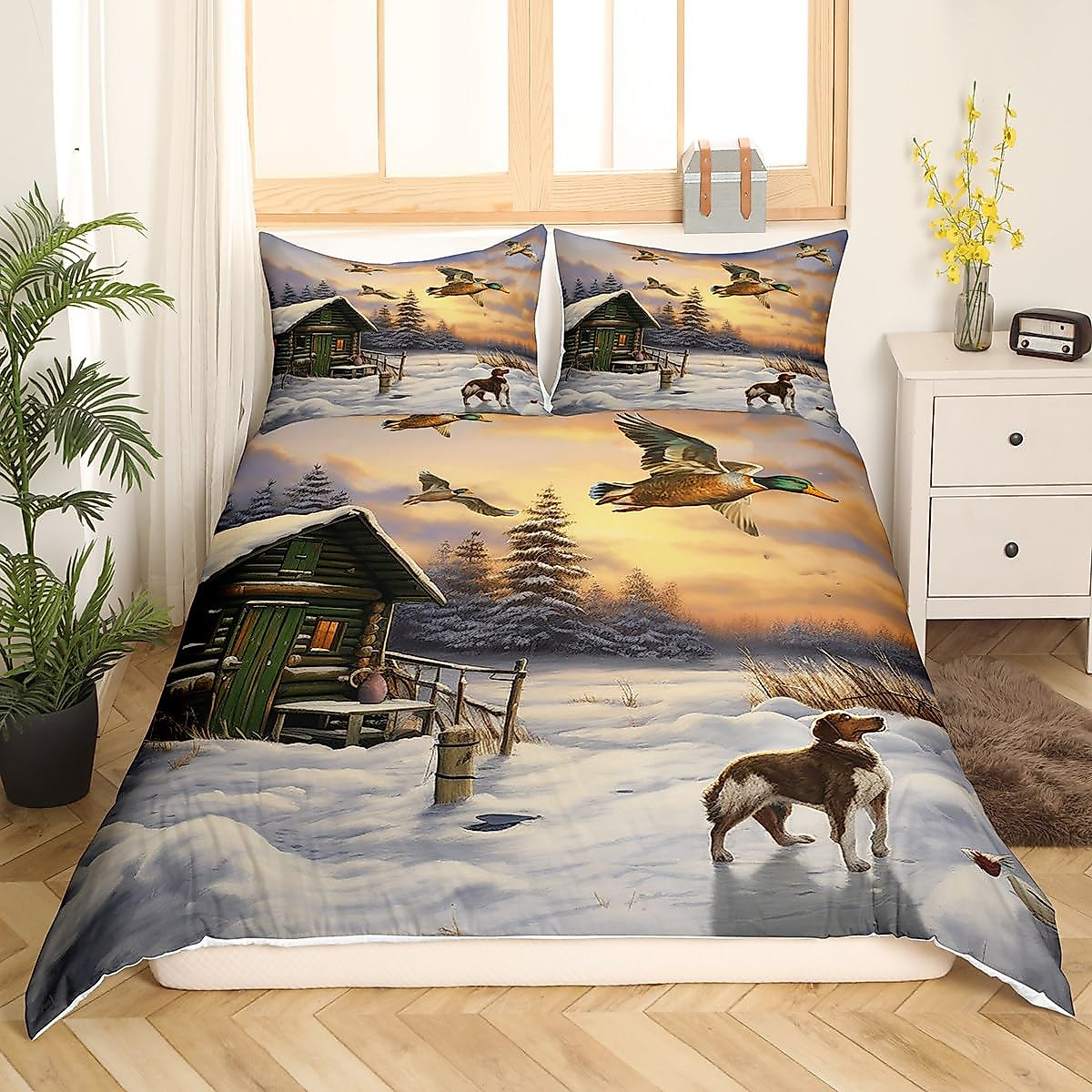 Feelyou Duck Hunting Duvet Cover Dog Hunter Bedding Set for Kids Boys Girls Flying Duck Comforter Cover Wildlife Bedspread Cover 1 Duvet Cover with 2 Pillowcases Full Size (No Comforter)