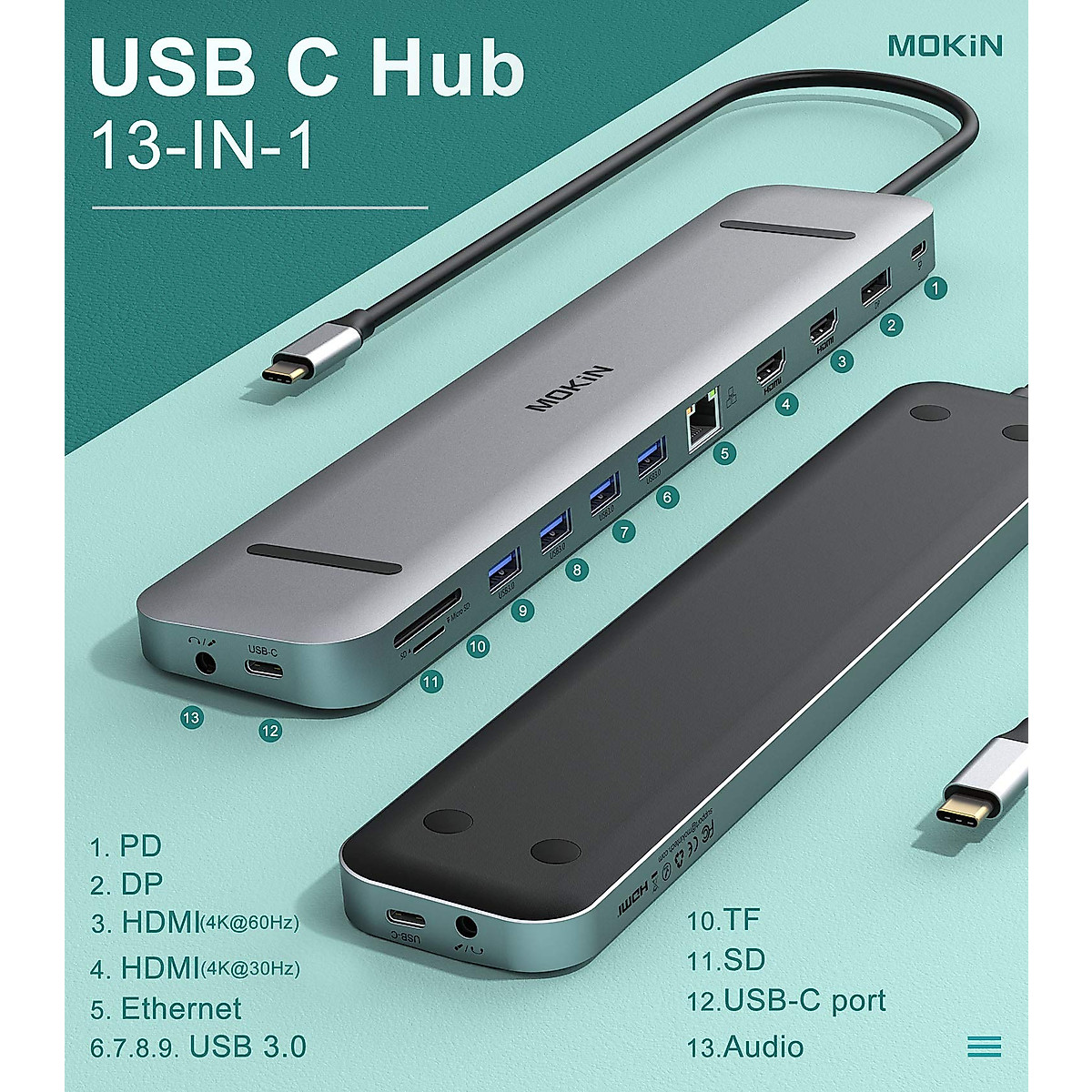 Docking Station USB C, 13-in-1 USB C Hub Multiport Adapter USB C Dongle with 4K Dual HDMI+DP Display+Ethernet+4 USB,+SD/TF+USB C PD+Data Port+Audio/Mic for Dell XPS 13/15/Surface Pro 7 Go