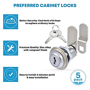 Kohree Cabinet Locks with Keys, 1-1/8 Inch (28mm) RV Locks Cam Locks for Tool Box, Mailbox Locks 5 Pack Keyed Alike, RV Storage Locks, RV Compartment Locks, Drawer Lock, Cylinder Lock, Zinc Alloy