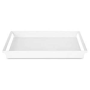MyGift Decorative Serving Tray, Modern Matte White Metal Rectangle Ottoman Coffee Table Tray with Sleek Rounded Cutout Side Handles