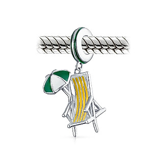 Tropical Vacation Travel Colorful Umbrella Beach Lounge Chair Dangle European Charm Bead For Women Enamel .925 Sterling Silver Fits European Bracelet