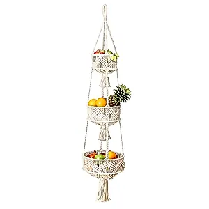 Folkulture 3 Tier Hanging Fruit Basket for Kitchen, Macrame Hanging Basket for Fruit and Vegetable Storage, Boho Wall Baskets for Organizing, Boho Decor for Indoor Plants, 46 Inches Long