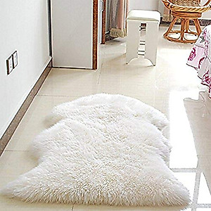 LOCHAS Deluxe Super Soft Fluffy Shaggy Home Decor Faux Sheepskin Rug for Bedroom Floor Sofa Chair, Chair Cover Seat Pad Couch Pad Area Carpet, 2ft x 3ft, Ivory White