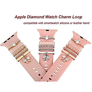 Decorative Love Rings Loops Compatible with Apple Watch Silicone leather Bands Charms 45mm 44mm 42mm 41mm 40mm 38mm 7 6 5 4 3 2 1 Diamond Sparkle Ornament metal resin Charms Slide Accessories for iwatch Series 7 6 5 4 3 2 1 (No Watch Band)Shell Silver