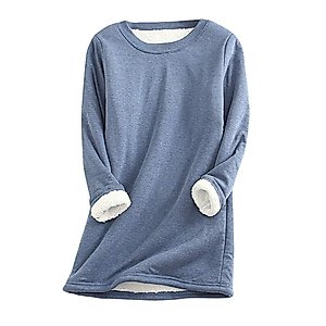 Women's Winter Warm Sherpa Lined Fleece Crewneck Sweatshirt Plus Size Pullover Fuzzy Loungewear Solid Tunic Tops A-Blue