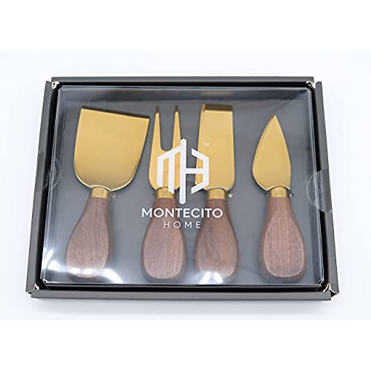 Montecito Home -Premium Modern Black Walnut and Gold Cheese Knives Set - Set of 4 - For Charcuterie Platters, Cheese Boards, Housewarming, Gift Ready