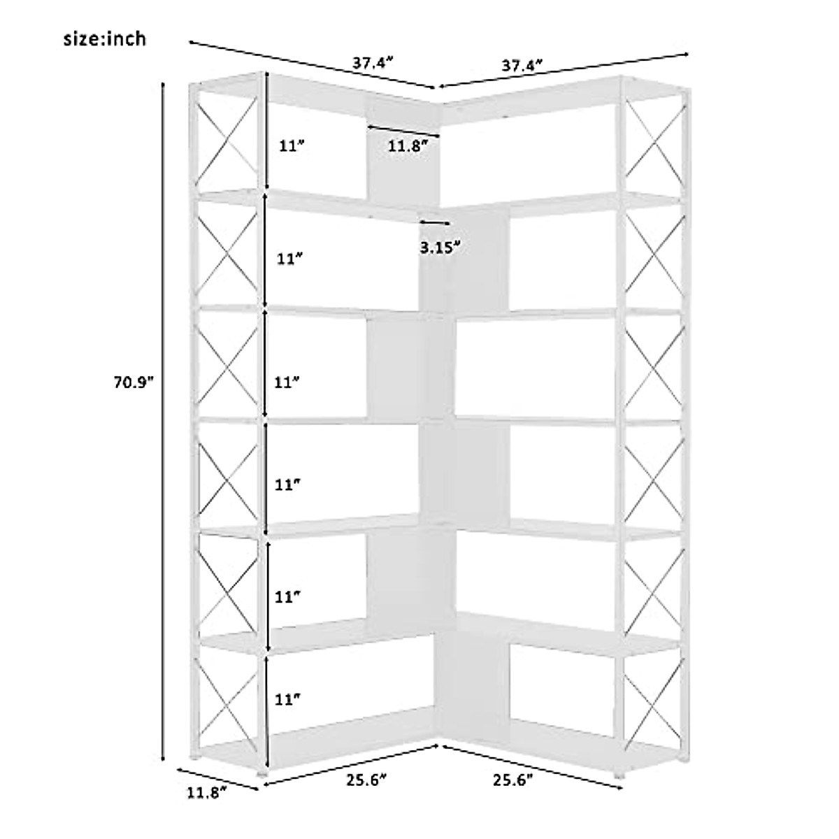 Bookcase 7-Tier Tall Corner Bookshelf, Freestanding L Shaped Storage Organizer Book Shelf with Metal Frame for Living Room Study Room Office
