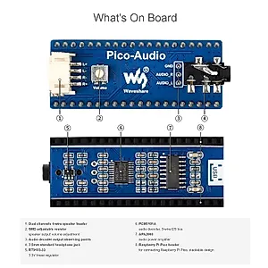 Audio Expansion Module for Raspberry Pi Pico, Incorporates PCM5101A Low Power Stereo Decoder, 3.5mm Audio Jack, Dual Channels Speaker Headers, Use I2S Bus, Headphone / Speaker Output Concurrently