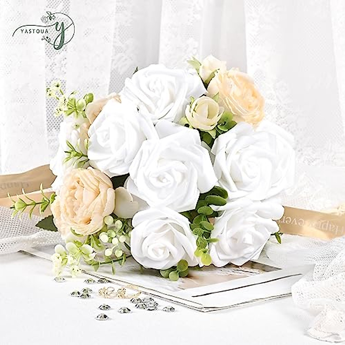 Yastouay 50Pcs 3.5inch Foam Rose Heads White Artificial Flowers Bulk Fake Foam Roses Stemless with Rhinestones & Butterfly for DIY, Baby Bridal Shower Cake Home Wedding Decor