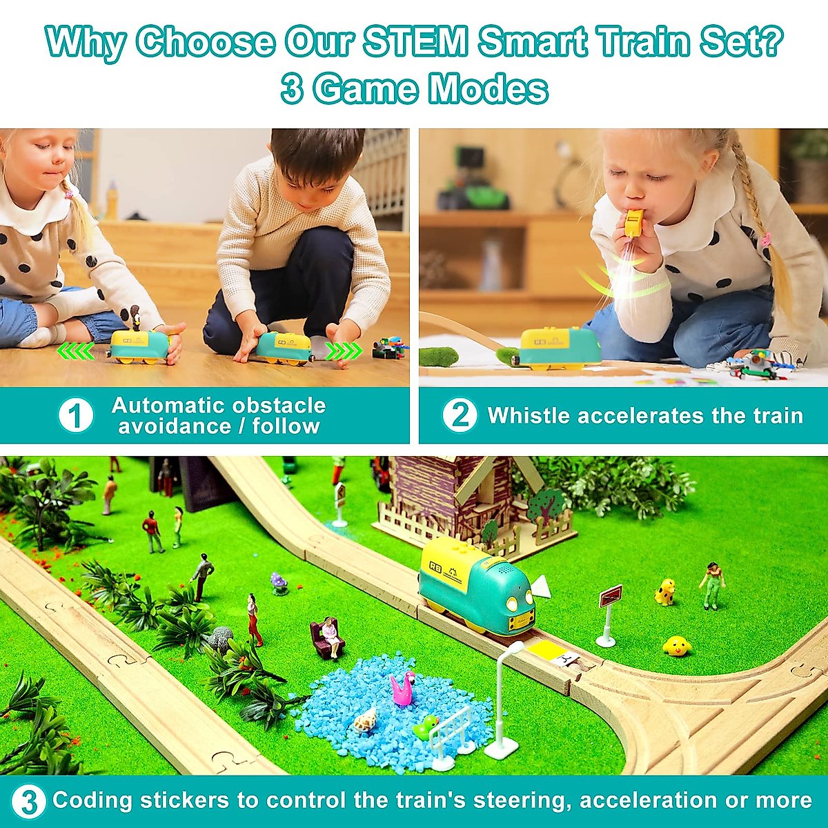 Robobloq Coding Train Set, 22 Functions Lights & Music, 3 Modes, Compatible to Major Wooden Train Tracks and Building Blocks, Great Gifts of STEM Toys for Children Aged 3-7