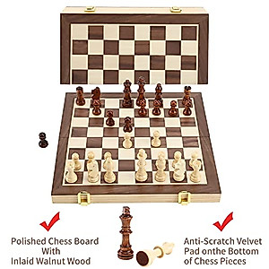 Hnoerin Chess Board, Chess Sets for Adults, Magnetic Chess Set Wooden Travel Chess Set for Kids, Folding Chess Board Set with Crafted Chess Pieces Includes Extra Queens, Great Gifts for Friends