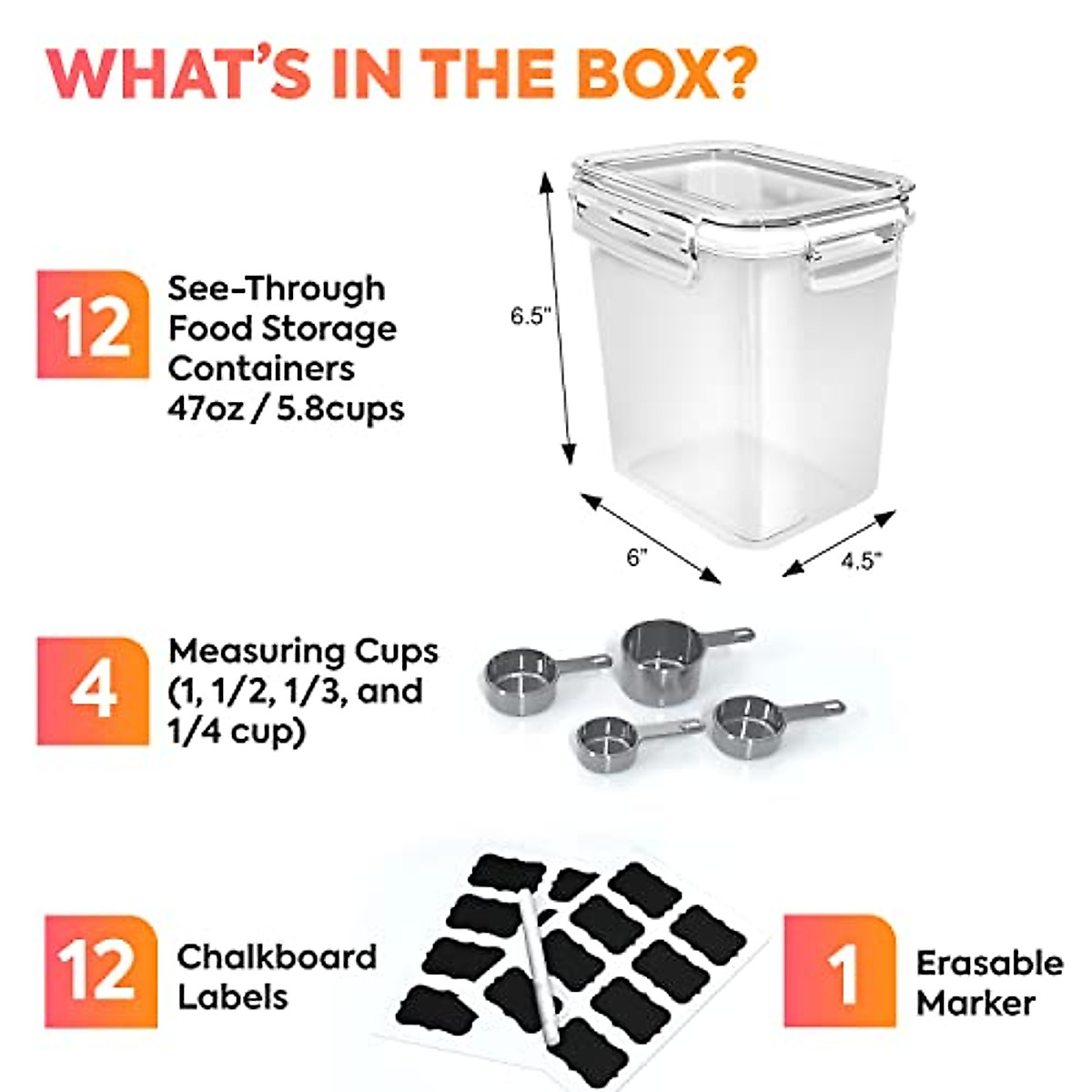 Mueller Airtight Storage Food Container Set with Lids – 12-Piece, Kitchen & Pantry Organization and Storage, Dishwasher, Freezer and Microwave Safe – 12 Labels, 4 Measuring Cups and Marker, White