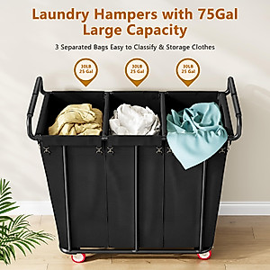 Gewudraw 3 Section Laundry Sorter Cart, 3 Bag 75Gal Rolling Laundry Hamper Sorter with Lockable Wheels, Removable Laundry Bag,Rolling Laundry Basket Organizer for Laundry Room,Bedroom,Bathroom, Black