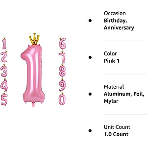 40 Inch Crown Pink Number 1 Balloon, Big Conjoined Baby Pink Foil Mylar Helium 1 Balloon | Girls 1st Birthday Balloon Pink Princess Theme Baby Shower First Birthday Party Decorations Supplies