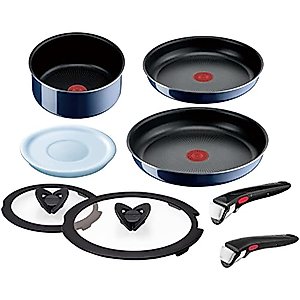 T-fal L43794APlus1 Pot and Frying Pan Set, 7 Piece Set + 1 Handle, Compatible with Gas Fire, Ingenio Neo Royal Blue Intense", Non-Stick Blue
