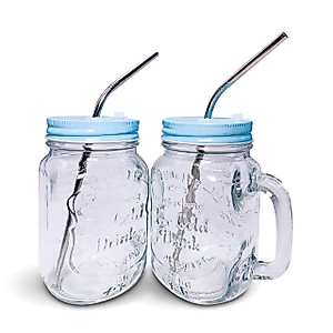 Home Suave Mason Jar Mugs with Handle, Regular Mouth Colorful Lids with 2 Reusable Stainless Steel Straw, Set of 2 (Light Blue), Kitchen GLASS 16 oz Jars,Refreshing Ice Cold Drink & Dishwasher Safe